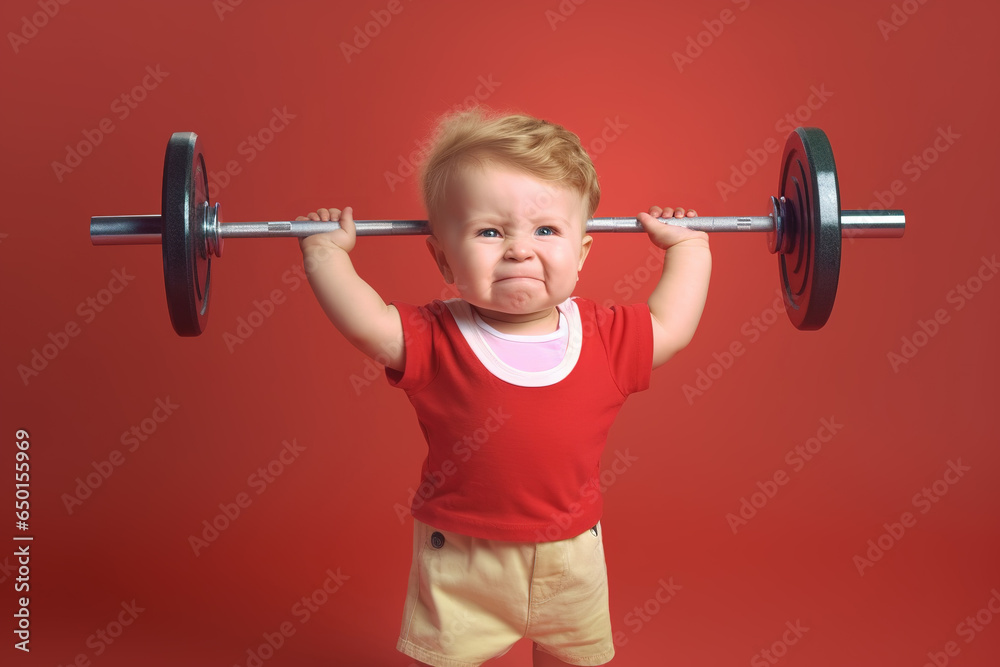 Determined strong baby lifting a heavy barbell over red background ...