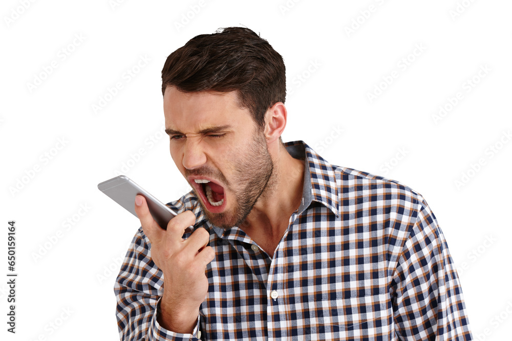 Screaming, angry and man with a phone, frustrated and mobile user ...
