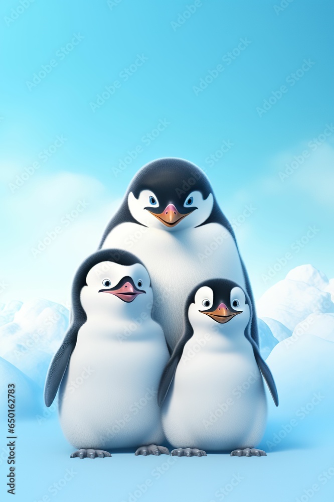 3d cartoon penguin family (vertical view), cute cartoon penguin family ...