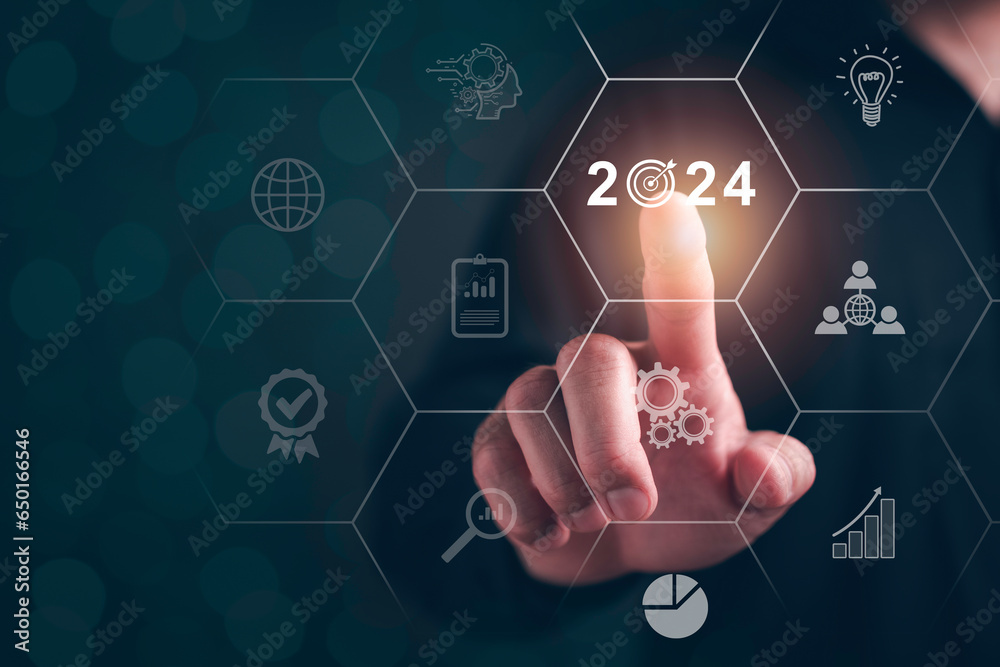 Businessman showing 2024 business target icon. 2024 new year goal plan ...