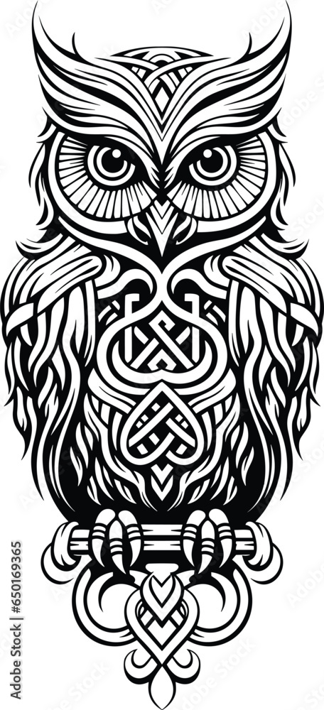 Celtic Knotwork style owl, black and white vector illustration isolated ...