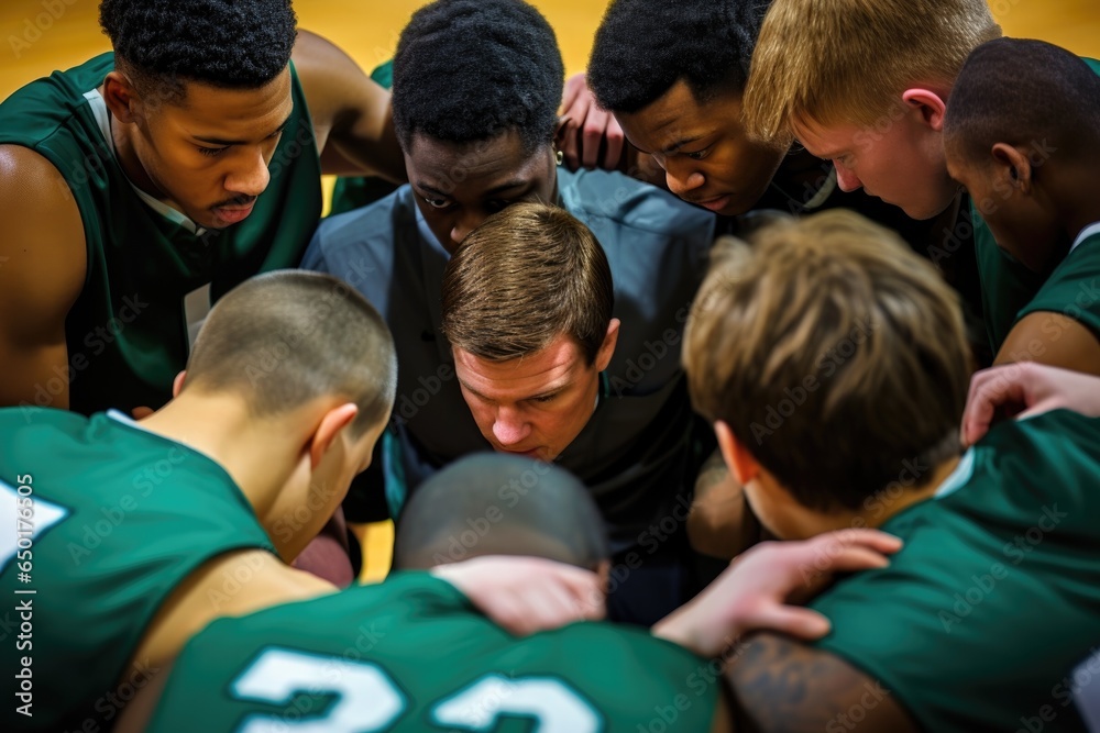 In a basketball court's huddle, a coach imparts wisdom to his team ...