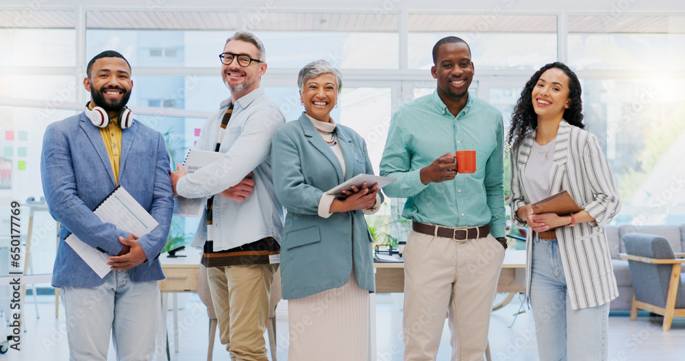 Team, workforce and business people face with corporate diversity and ...