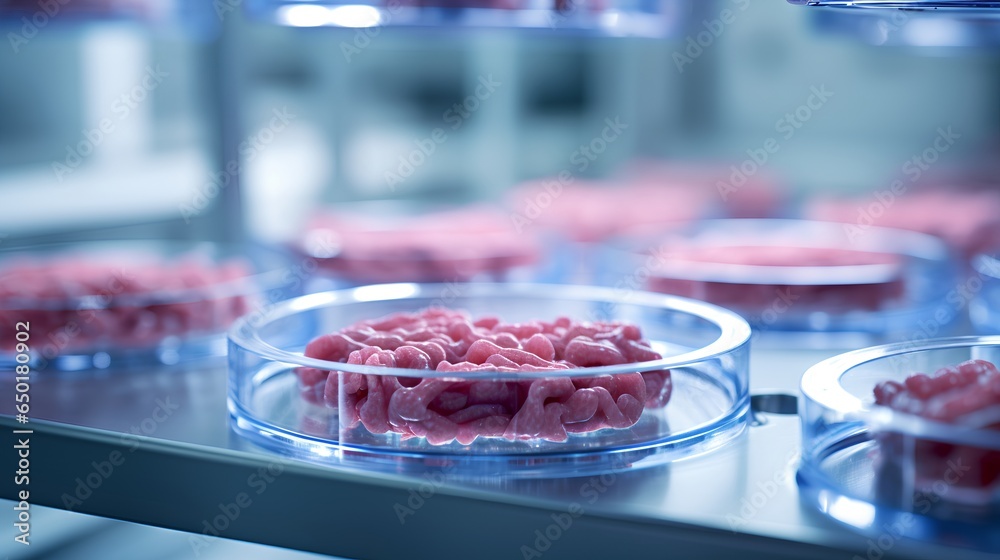 A detailed image of a laboratory setting where cultured meat is being ...