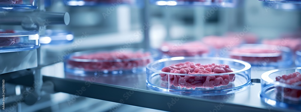 Lab-grown meat in a sterile laboratory setting. The image highlights ...
