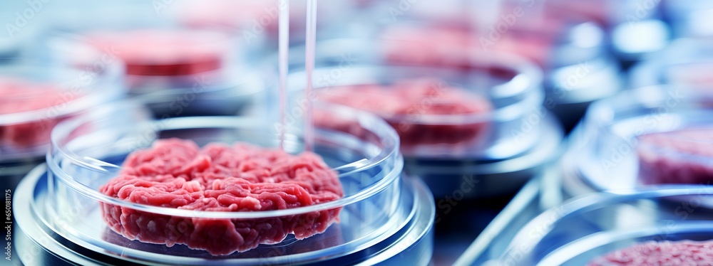 Lab-grown meat in a sterile laboratory setting. The image highlights ...