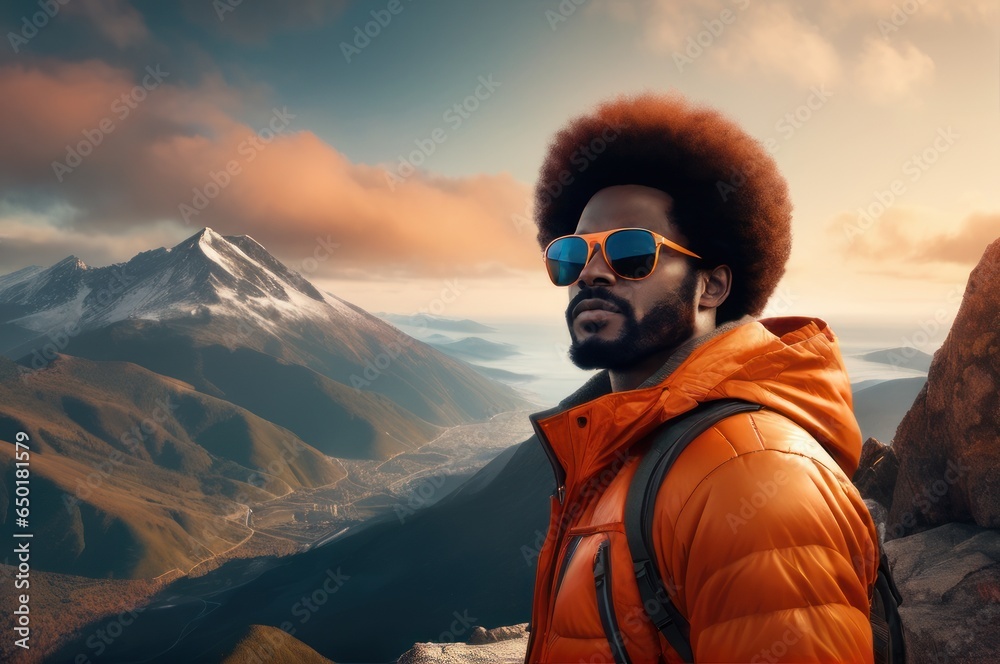 Handsome afro american man in an orange jacket and sunglasses is on the ...