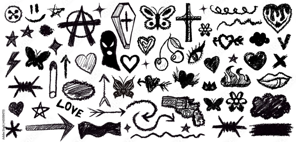 Y2k emo punk grunge set elements. Banners with brush strokes with ...