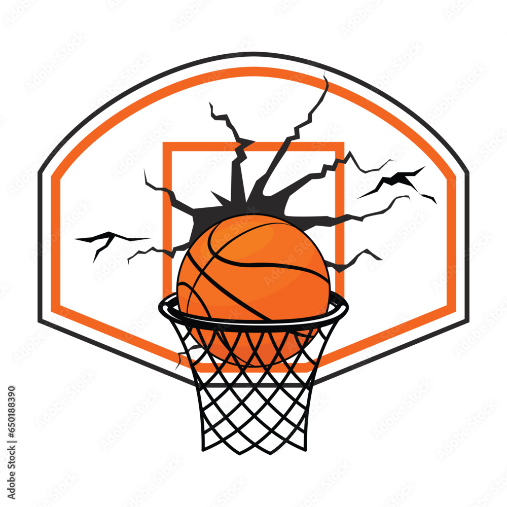 Basketball ring and ball inside. Broken basketball backboard after a ...