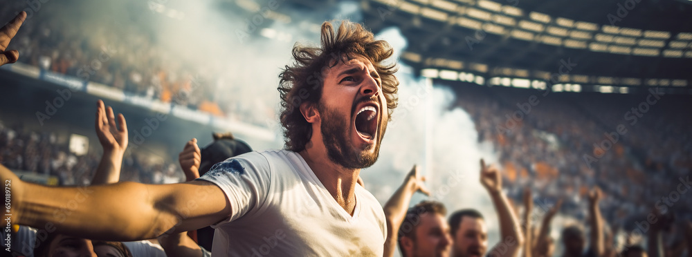 Excited sports fans wearing green and white clothes celebrating the ...