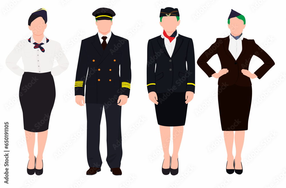Set of aircraft crew staff and team members characters standing ...