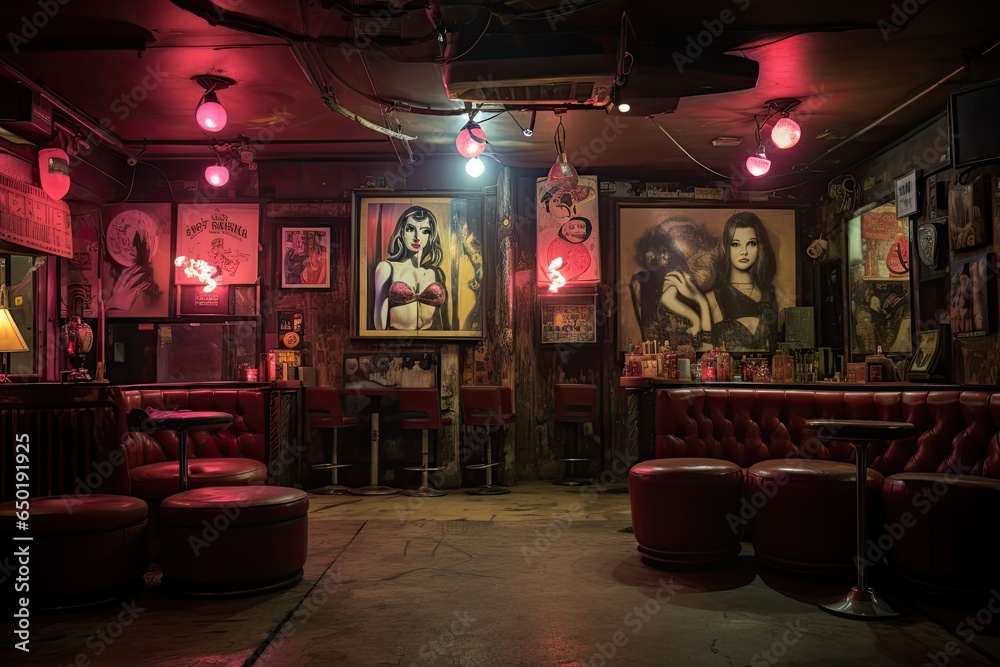 Interior view of a bar in a night club with red chairs, underground ...
