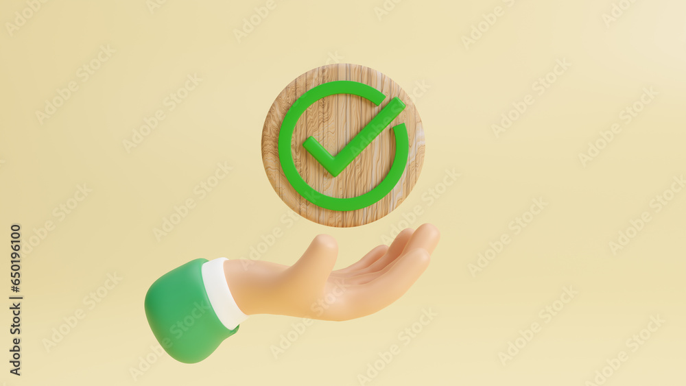 3D cartoon hand giving green correct sign mark print screen on round ...