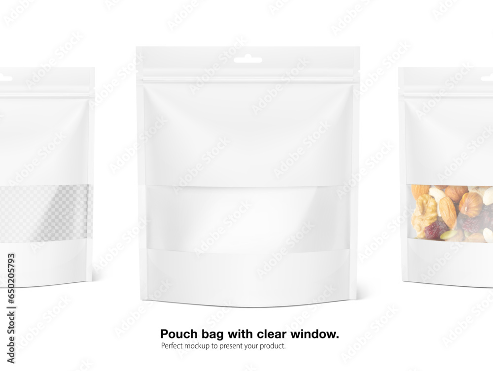 Pouch bags with transparent window mockups on white background with ...