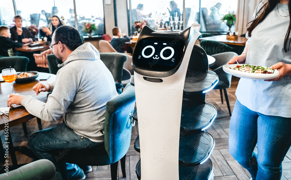 Robot waiter serve food at modern restaurant table.Offering innovation futuristic high-tech ...
