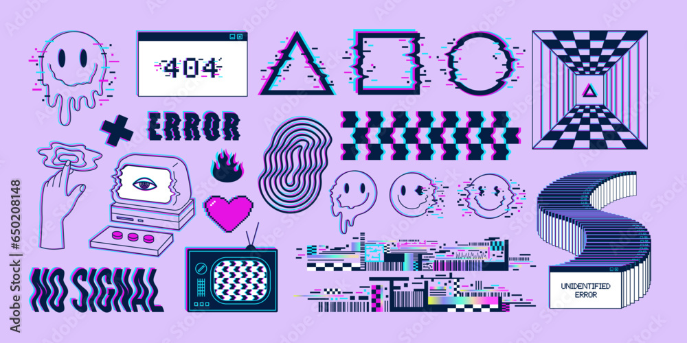 Vecteur Stock Set of y2k glitch stickers. Distorted checkered texture ...