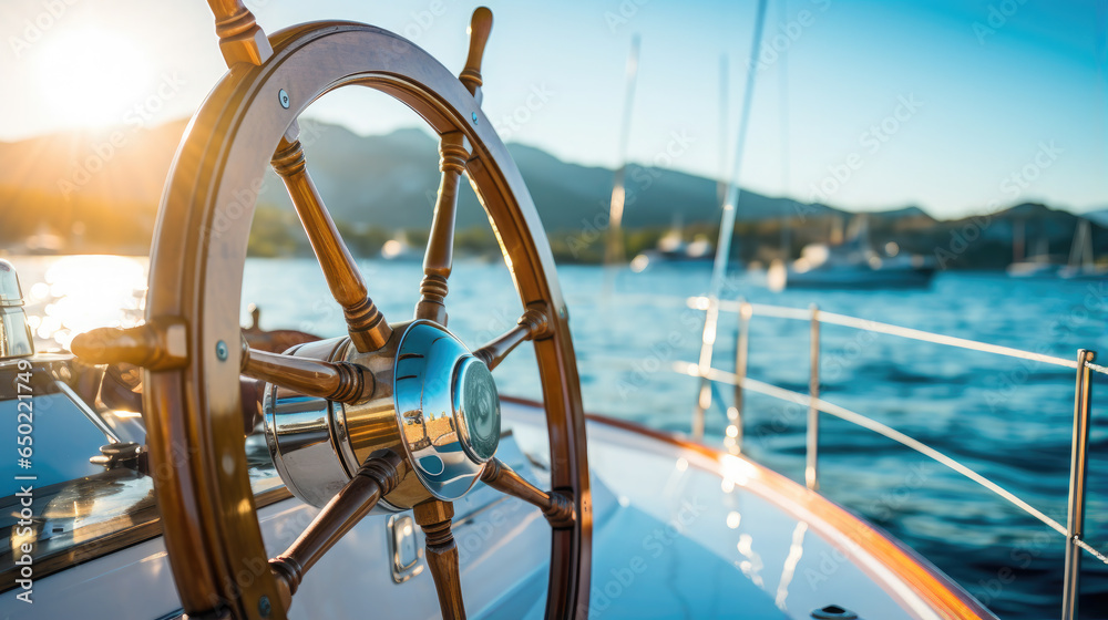 Photo & Art Print Generative AI, yacht helm, steering wheel, ship deck ...