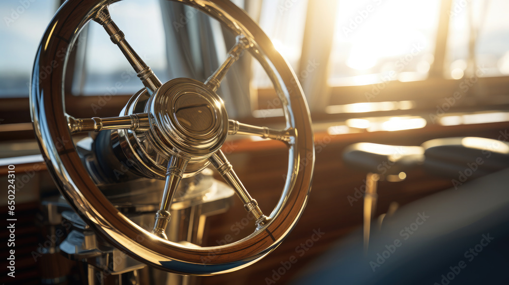 Generative AI, yacht helm, steering wheel, ship deck, stern, sea ...