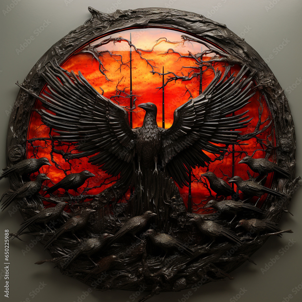 Sculture of a dead sun eaten by crows, glass sculpture, bas relief, art ...