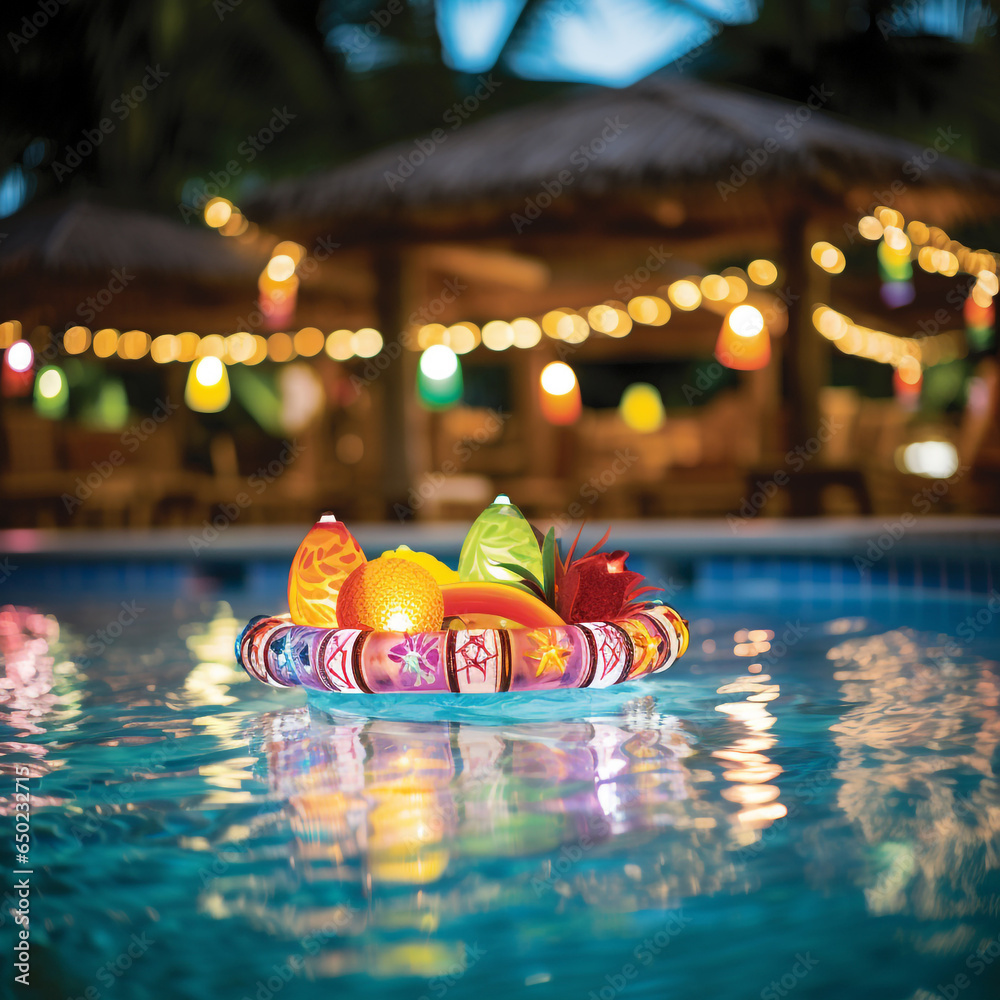 In a close-up shot, a colorful pool swim ring floats gracefully on the ...