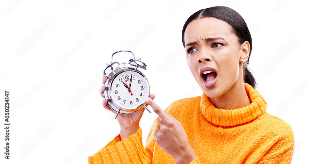 Shouting, clock and face of woman with alarm on isolated, png and ...
