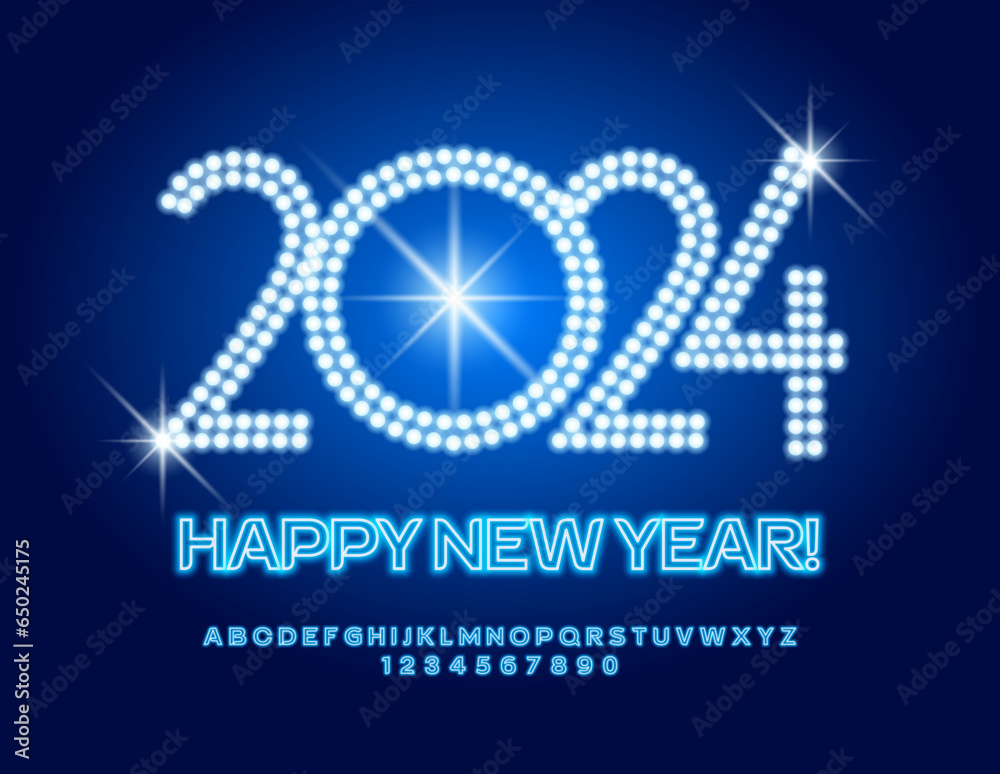 Vector neon greeting card Happy New Year 2024! Blue light Font. Led ...