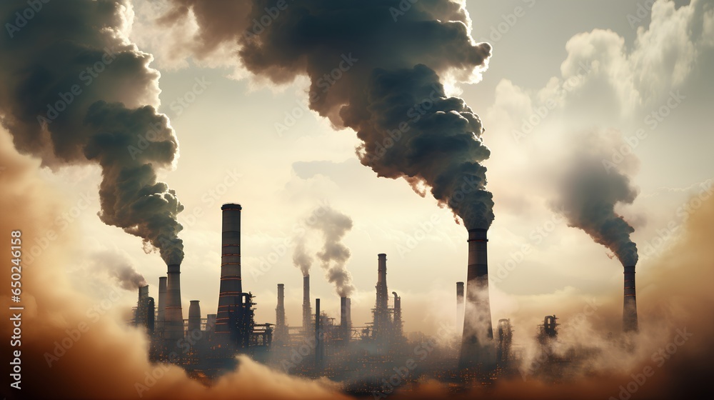 The concept of carbon emissions. A factory with multiple chimneys ...