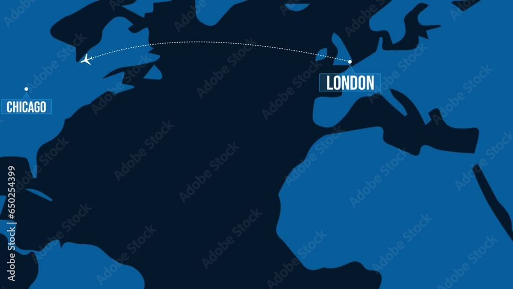 Chicago To London 4K flight animation concept design with plane and ...