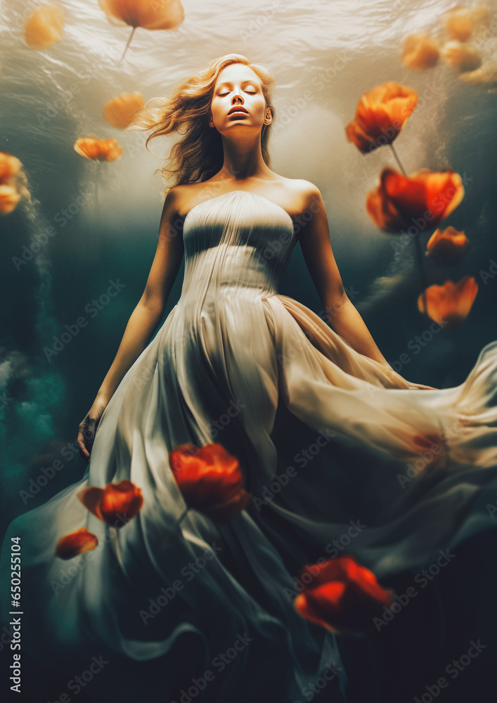 Dreamy scene, a fairy tale. A young red-haired woman in a flowing silk ...