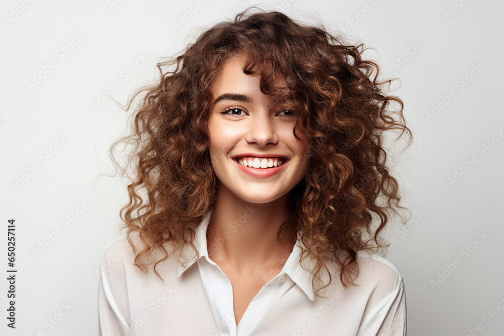 Generative AI photo of positive joyful lovely girl with bright toothy ...