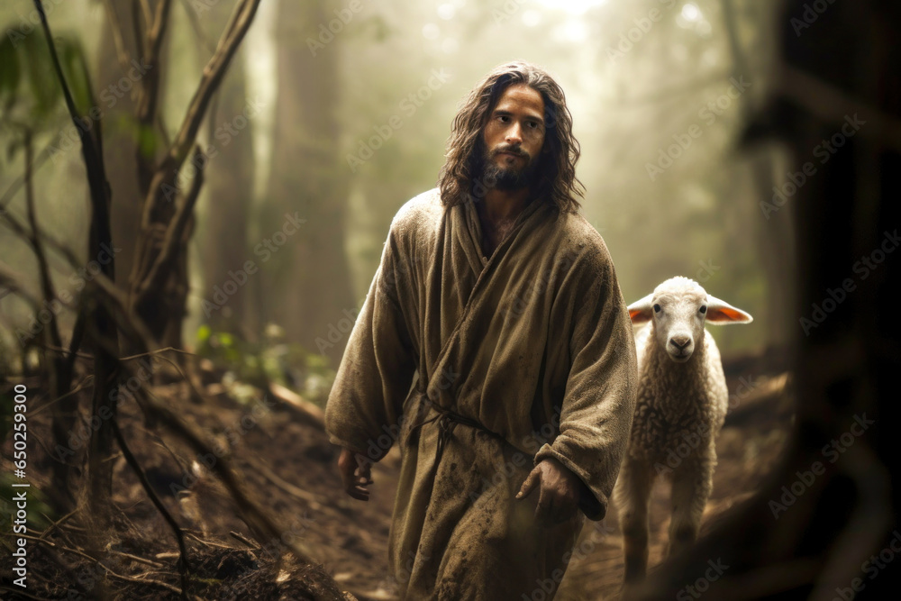Jesus Christ The Shepherd in the middle of nature looking for and ...