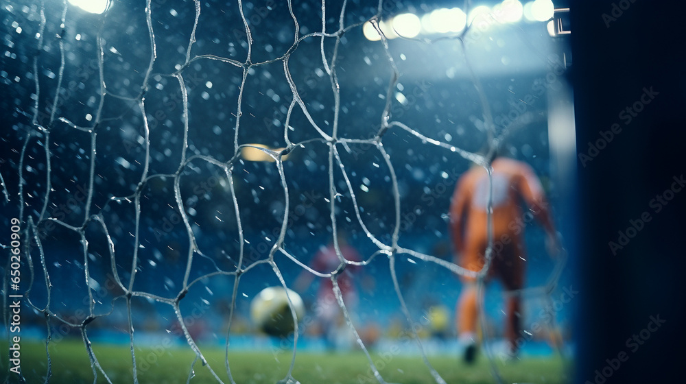 Back view of goal net with goalkeeper waiting for foward to shoot ...