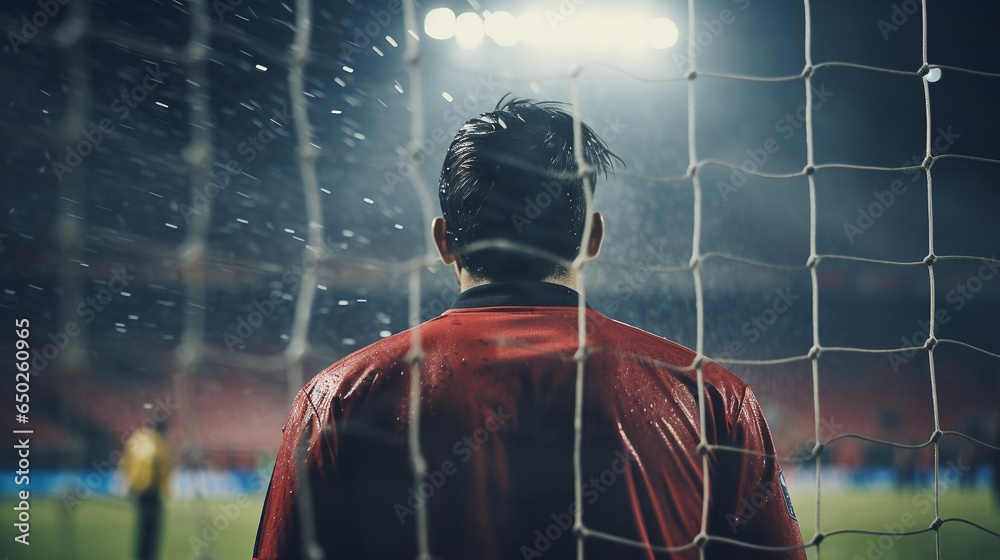 Back view of goal net with goalkeeper waiting for foward to shoot ...