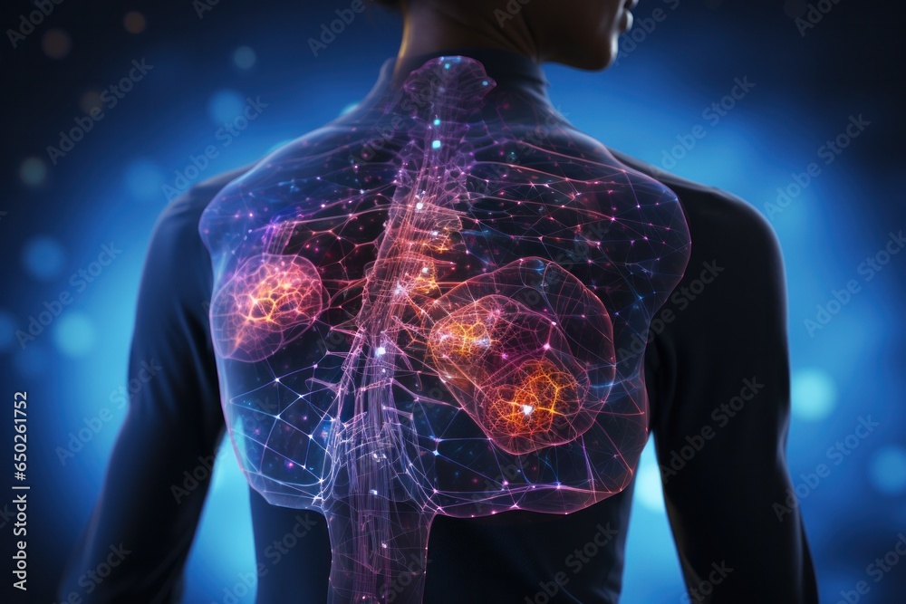 Chest pain highlighted in blue and red in persons body. Medical concept ...