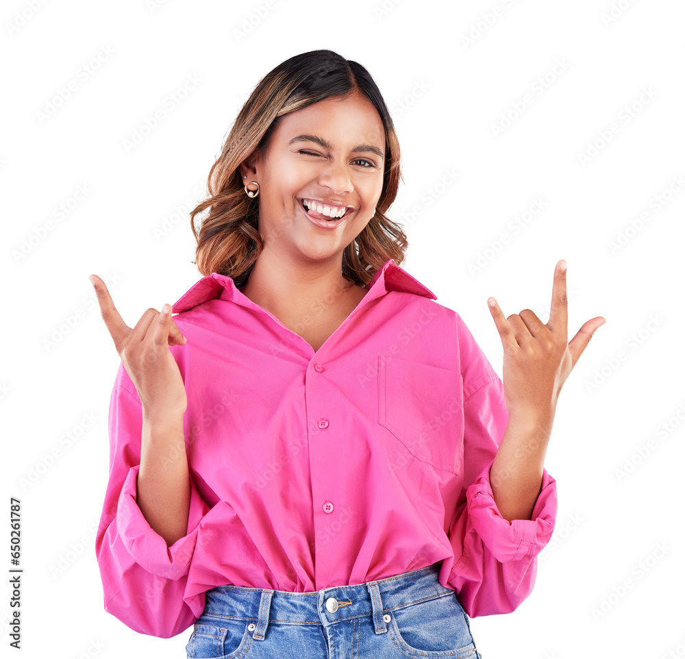 Portrait of woman, smile and rocker hands isolated on transparent png ...