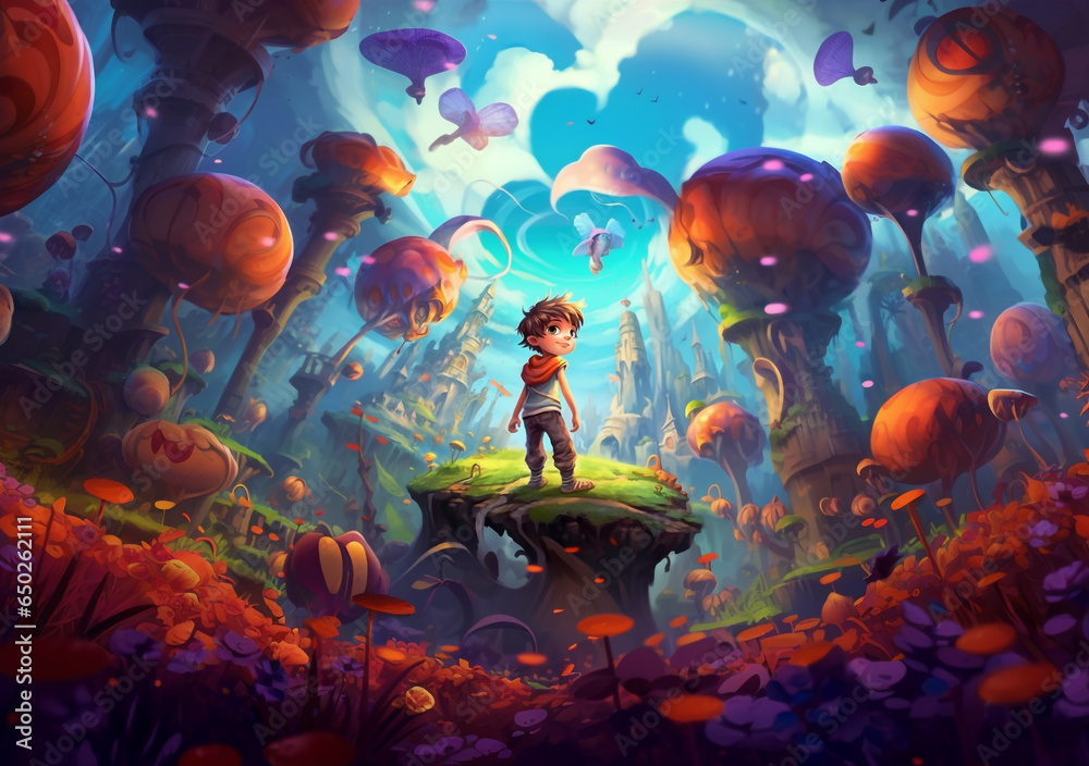Fantasy world with vibrant coloring ai illustration. a little boy in an ...