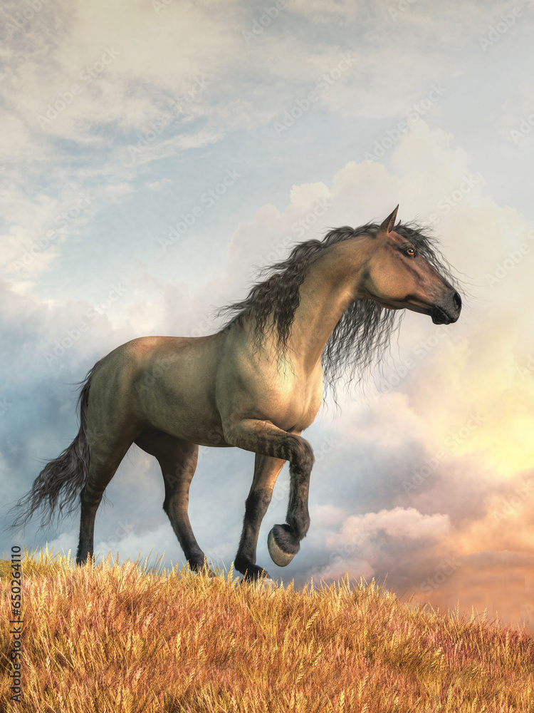 A wild grullo dun horse stands on hill in the wilderness. Grullo is a ...