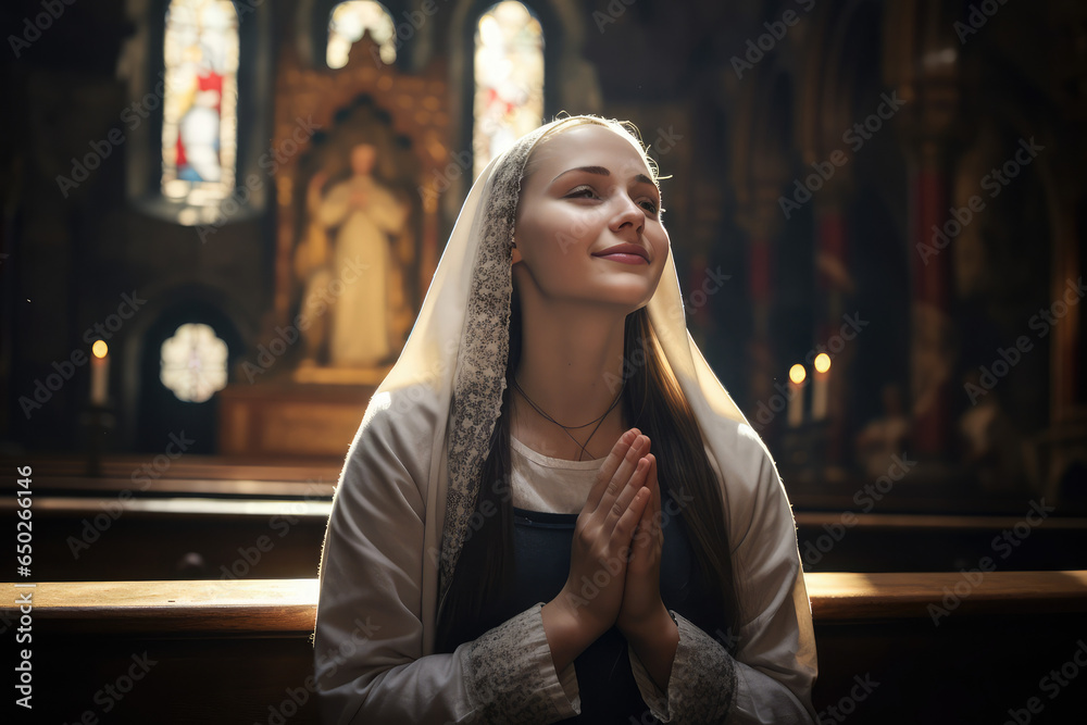 smile happy nun in traditional clothes praying to god in a church Stock ...