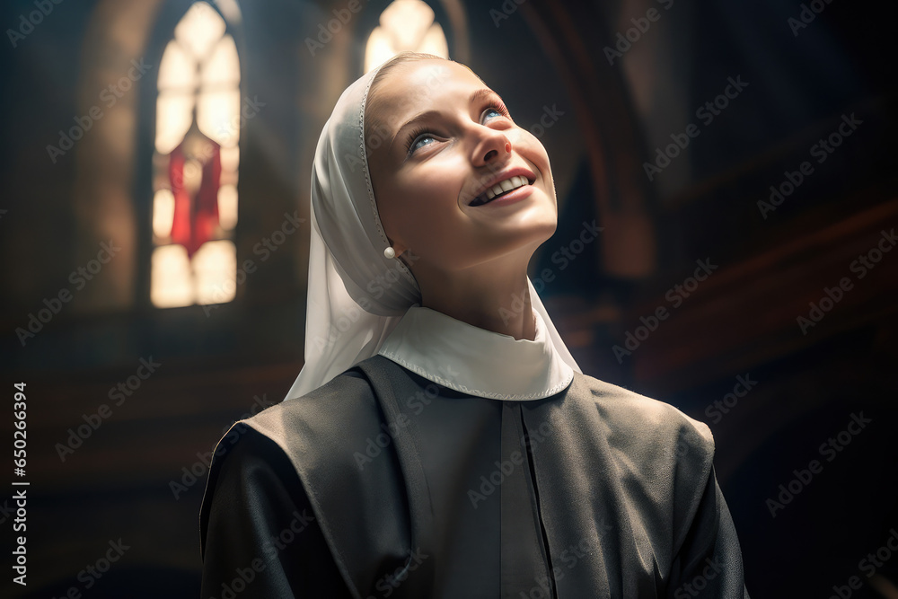 smile happy nun in traditional clothes praying to god in a church Stock ...