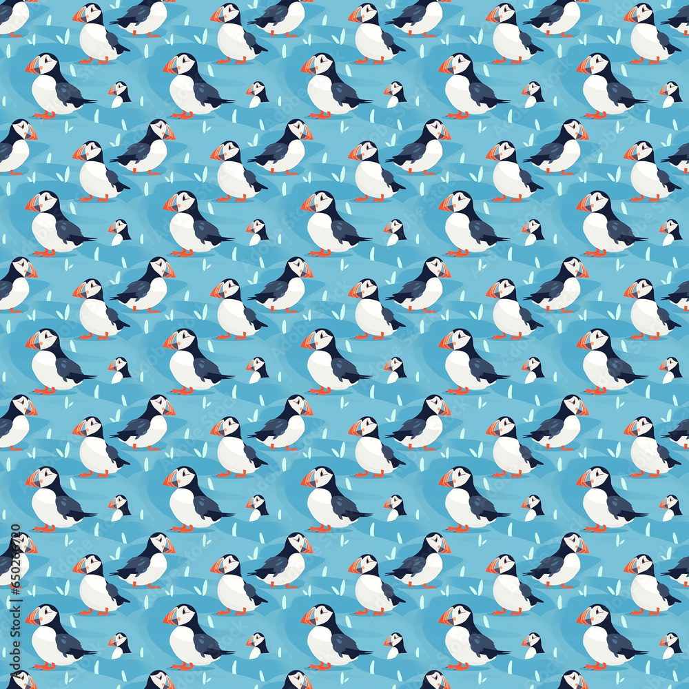 Puffin bird seamless repeating background, flat artwork cartoon design ...