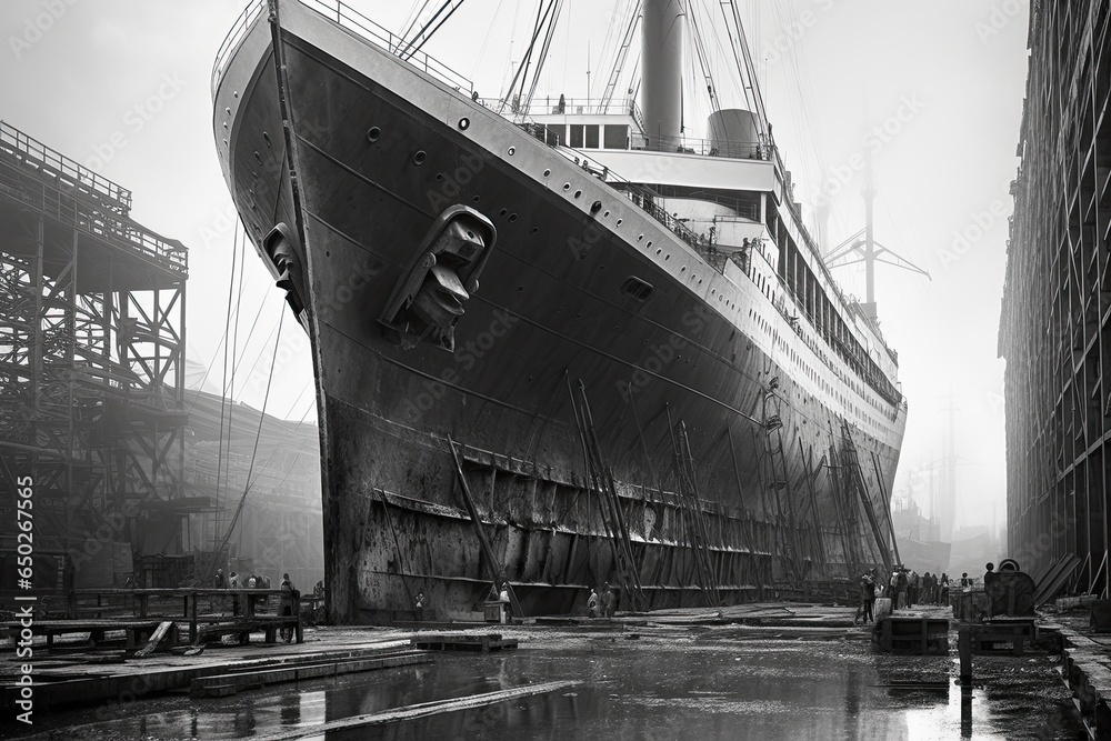 1910 vintage photo captures the construction of the Titanic in a dry ...