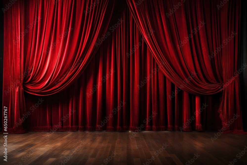 open red curtain on stage of theater, opera or cinema slightly ajar ...