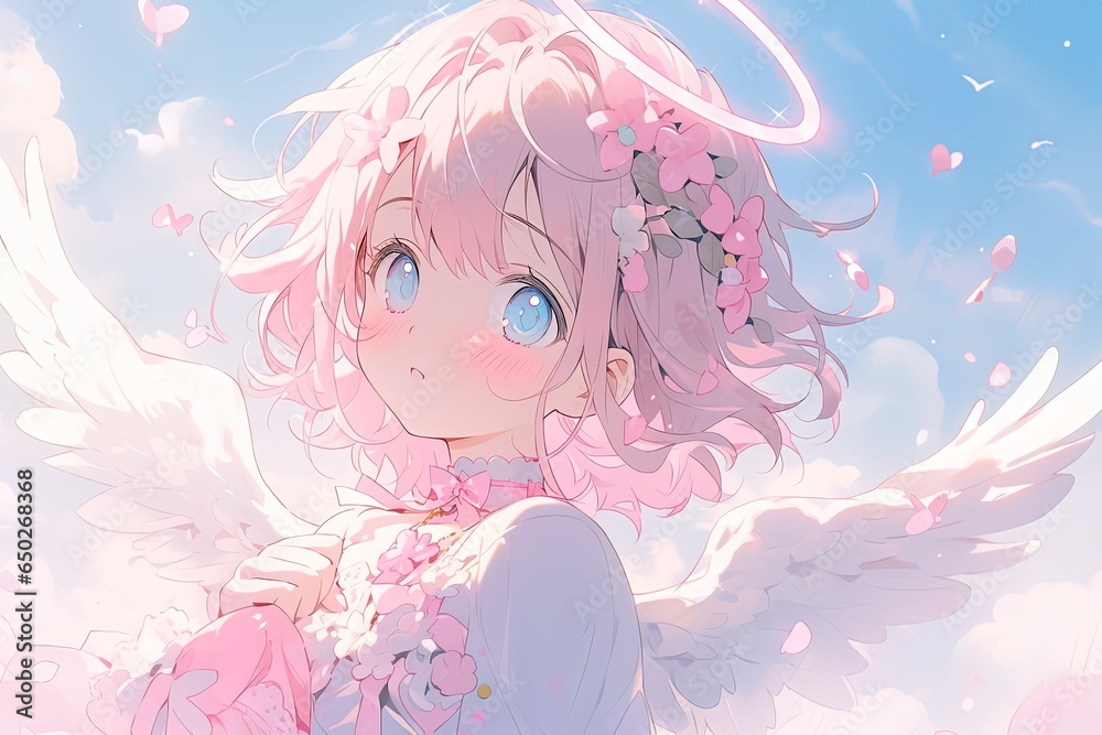 portrait of a cute happy smiling angel girl with pink hair in anime ...