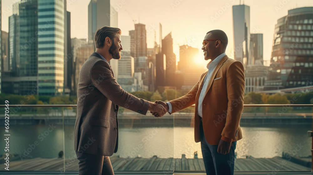 Two successful businessmen firmly shake hands to seal a lucrative ...