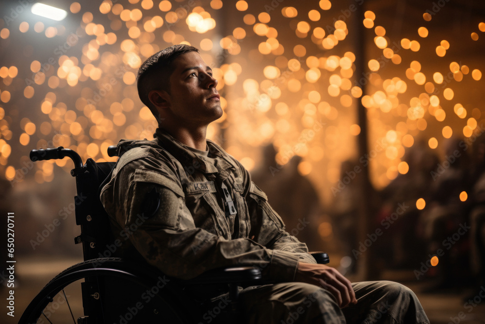 War veteran, soldier in military uniform sits on a wheelchair at home ...