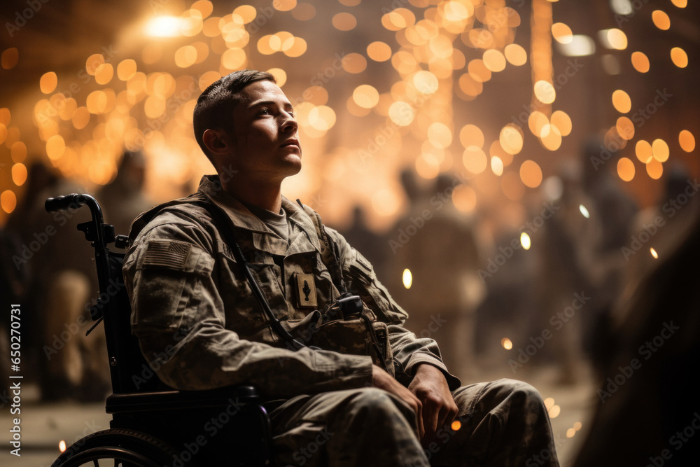 War veteran, soldier in military uniform sits on a wheelchair at home ...