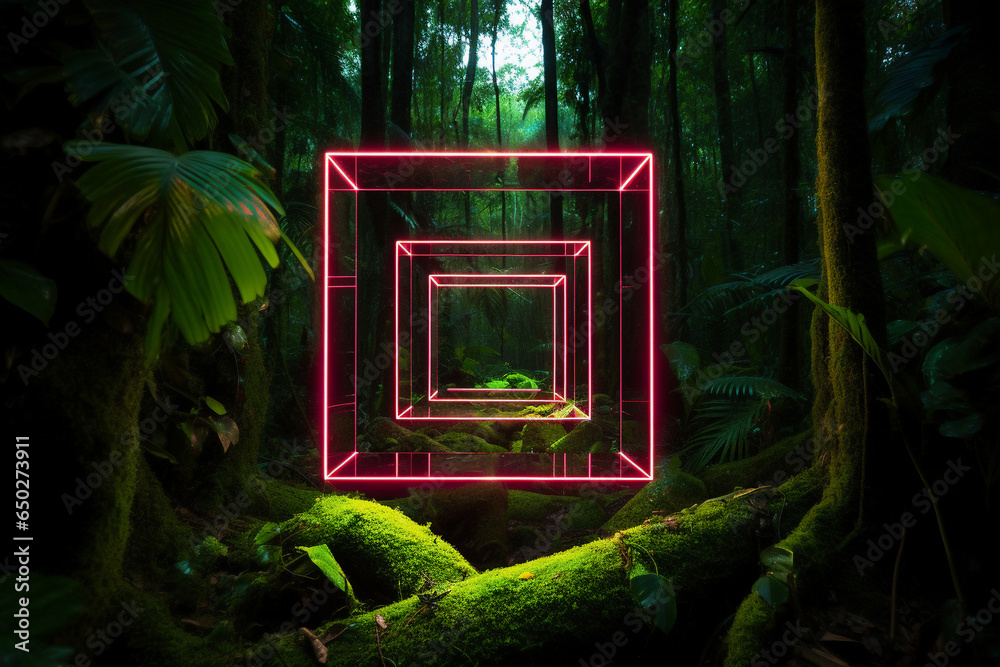 A light and fluorescent glowing geometric square is glowing faintly ...