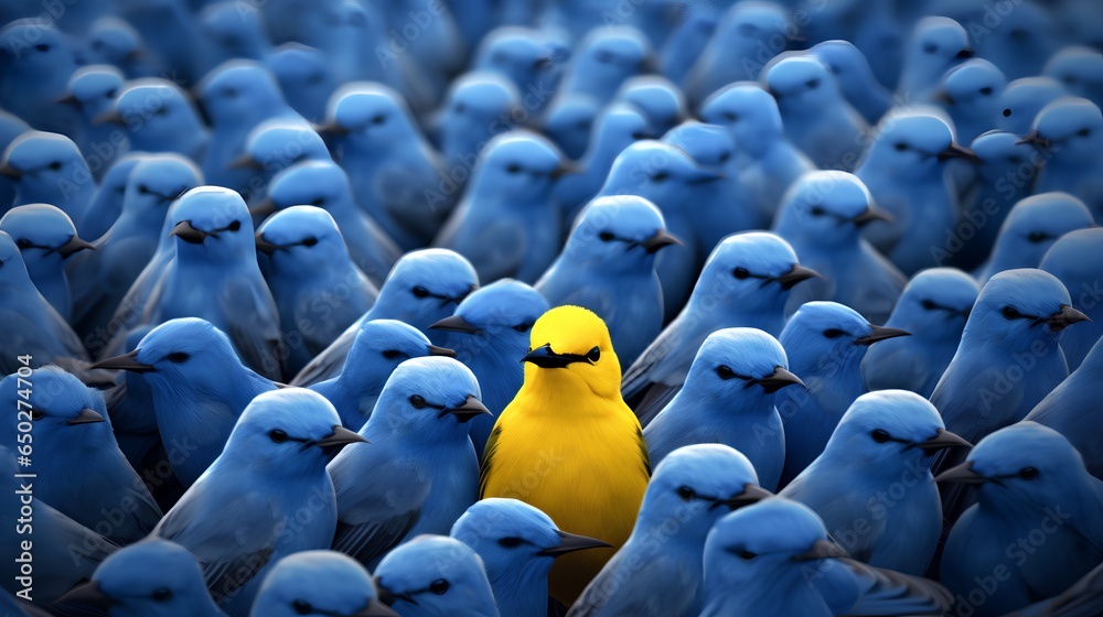 A vibrant yellow bird stands out in a crowd of identical blue birds ...