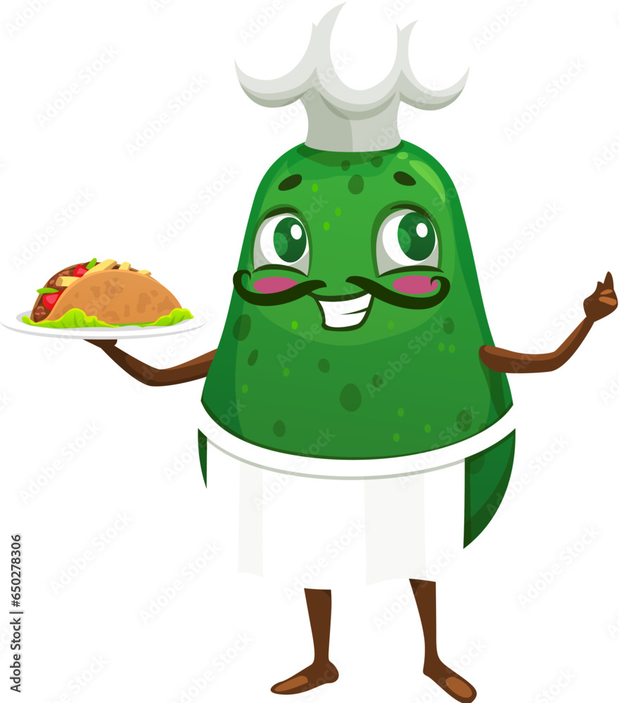 Cartoon Mexican avocado chef character with taco for cuisine menu ...