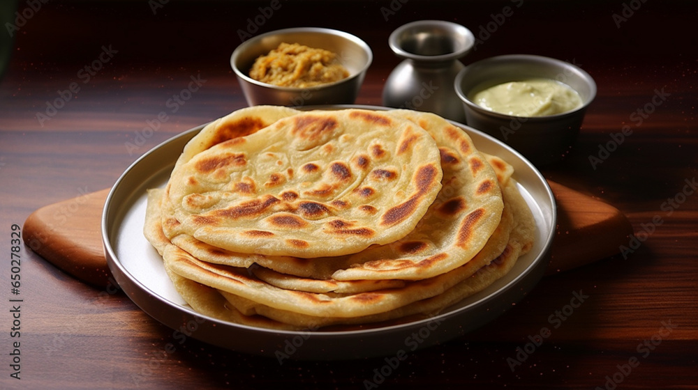 A paratha bread, resembling a flaky, golden-brown layered disc ...
